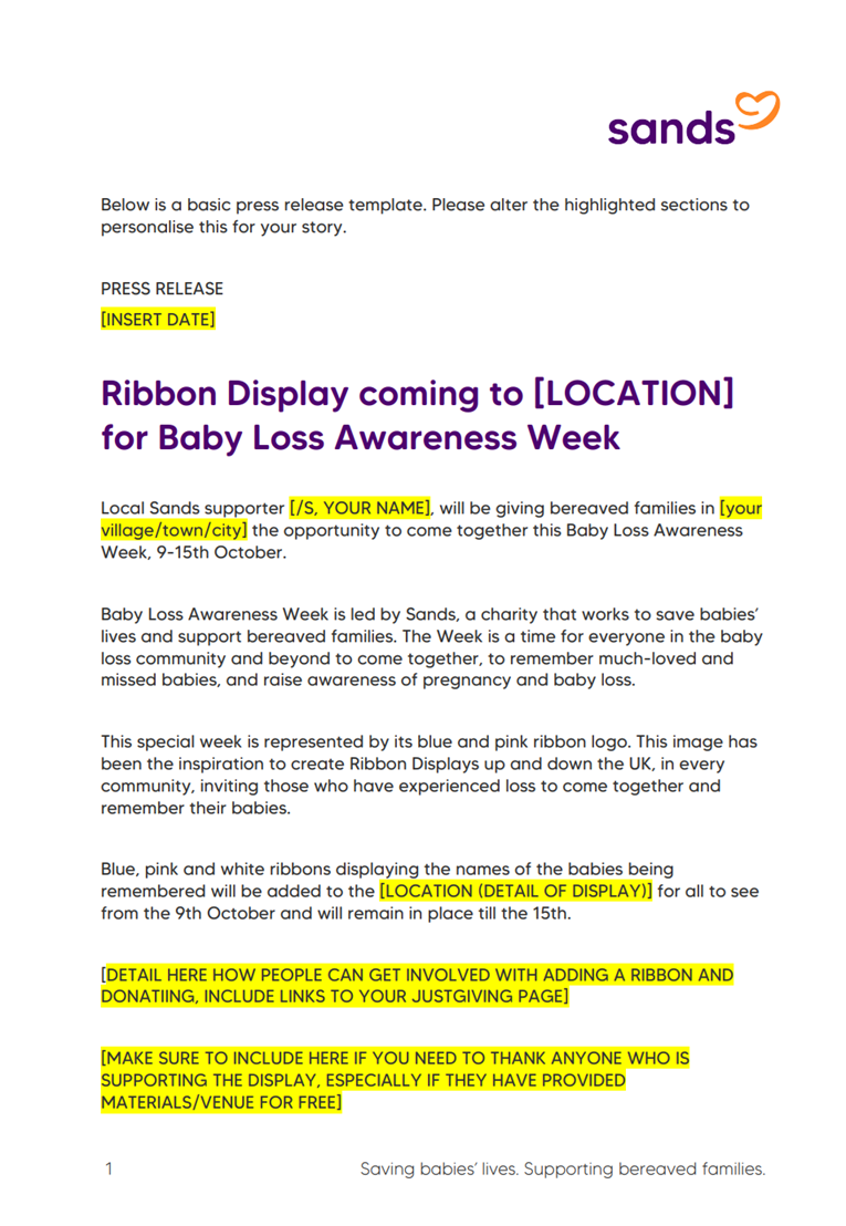 Ribbon Display Press Release Template | Sands - Saving babies' lives ...